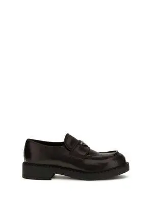 Prada Brushed Leather Loafers With Triangle Logo - Brown
