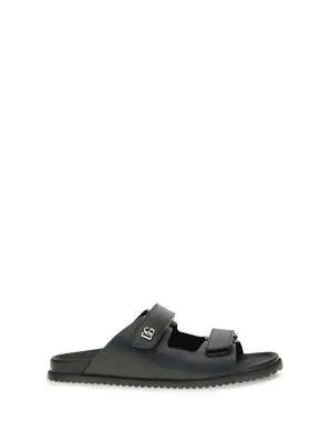 Dolce & Gabbana Calfskin Leather Sandals With Dg Logo - Black