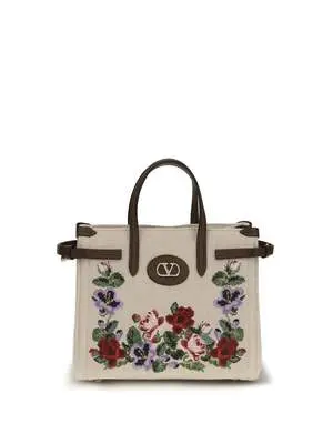 Valentino Garavani Antibes Mini Handbag In Embroidered Linen - Cream