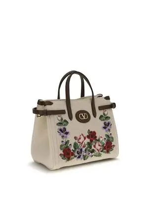 Valentino Garavani Antibes Mini Handbag In Embroidered Linen - Cream