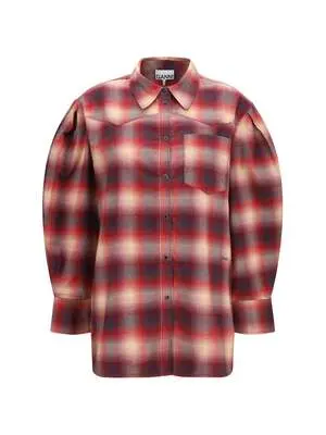 GANNI Cotton Flannel Check Shirt With Balloon Sleeves - Multicolor