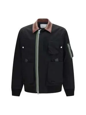 Sacai Cotton Bomber Jacket With Leather Details - Black