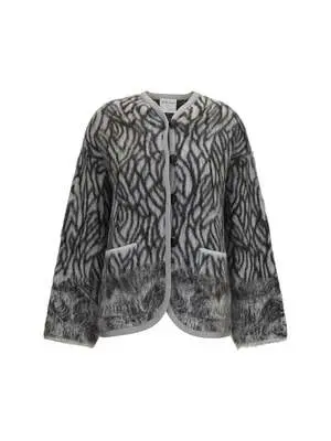 FORTE_FORTE Brushed Cardigan With Heron Feather Motif - Gray