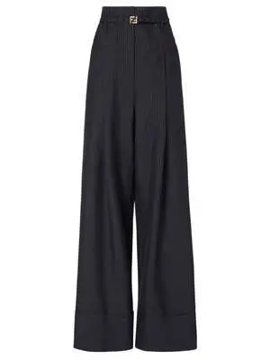 Fendi High-waisted Wool Pinstripe Trousers With Peplum Detail, Belt And Front Pleats - Blu