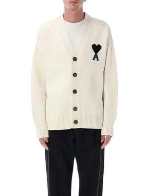AMI Paris V-neck Wool Cardigan With Heart Intarsia - Beige