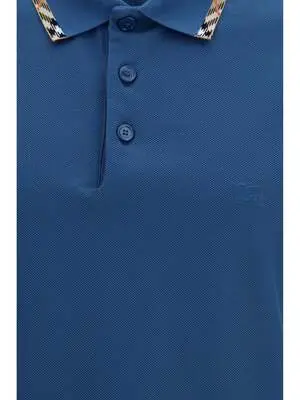 Burberry Cotton Polo With Check Trims - Blue