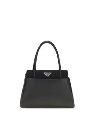 Prada Calfskin Leather Top Handle Bag With Triangle Logo - Black