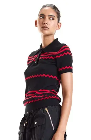 Cynthia Rowley Ziggy Cropped Knit Polo - Black