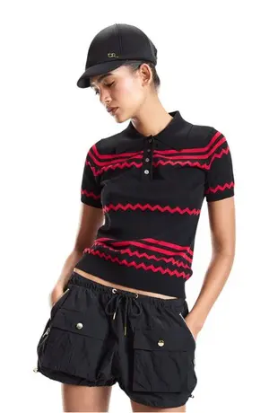 Cynthia Rowley Ziggy Cropped Knit Polo - Black