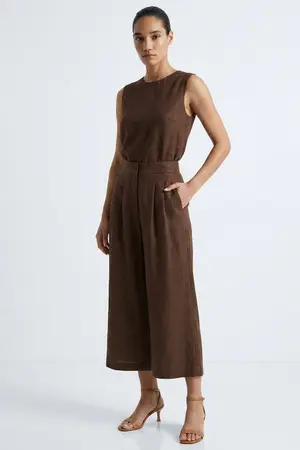 EXQUISE Owen Pocket Zipper Culotte Linen Pants - Brown