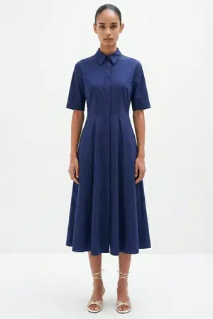 EXQUISE Darcel Short Sleeve Buttoned Midi Dress - Navy