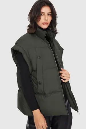 OROLAY Oversized Sleeveless Classic Puffer Vest - Olive