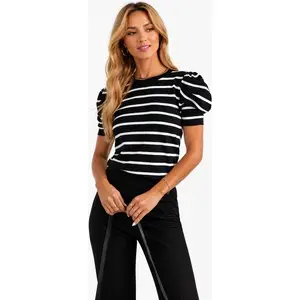 ZILPU Striped Puff Sleeve Knit Top Black