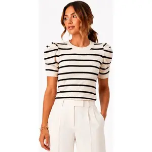ZILPU Striped Puff Sleeve Knit Top - White