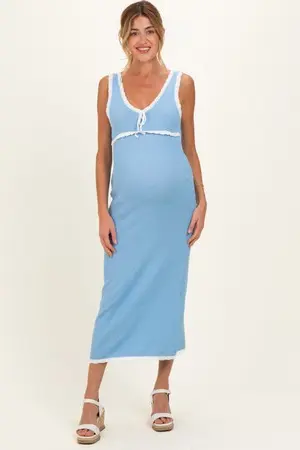 PINKBLUSH Knit Sleeveless Contrast Trim Maxi Dress - Light Blue