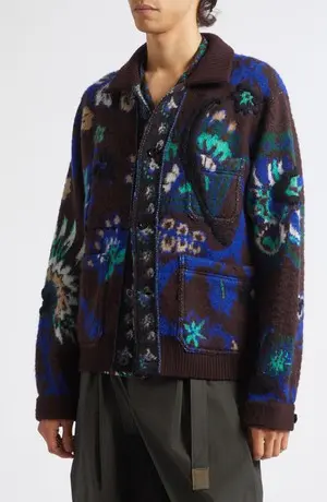 Sacai Floral Jacquard Knit Blouson Cardigan Sweater