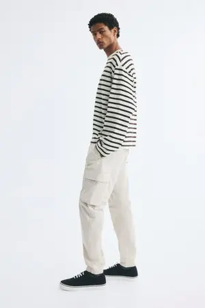 H&M Slim-fit Cotton Twill Cargo Pants With Drawstring Waist - Light Beige