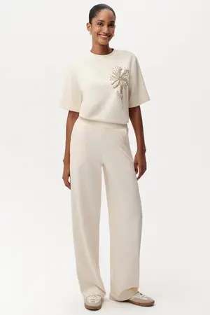 EXQUISE Shayna K Pants Wide Leg Knit Trousers - Ecru