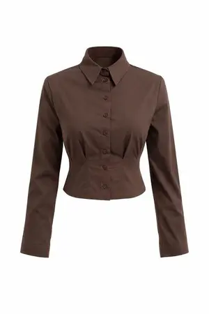 EXQUISE Felicia Long Sleeve Crop Shirt - Brown