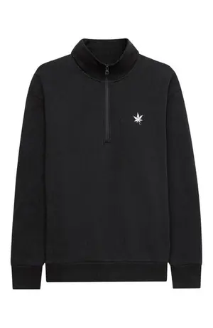 Boast Fleece Quarter Zip With Embroidered Leaf Detail - Black