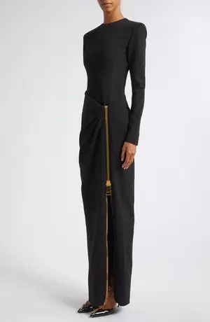Balmain Long Sleeve Draped Zip Compact Jersey Maxi Dress - 0pa Black