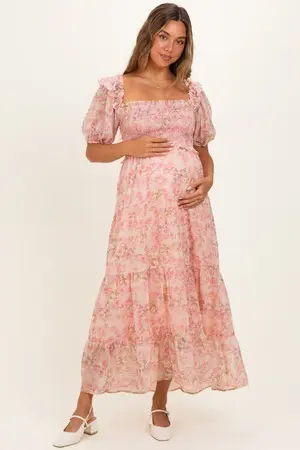PINKBLUSH Floral Chiffon Smocked Maxi Dress - Pink