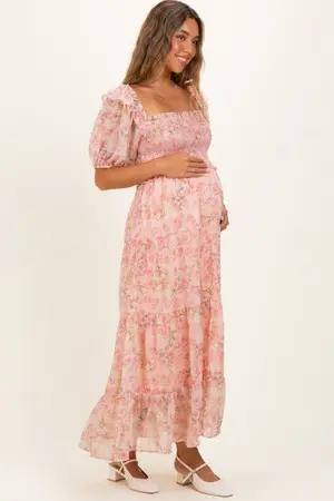 PINKBLUSH Floral Chiffon Smocked Puff Sleeve Maxi Dress