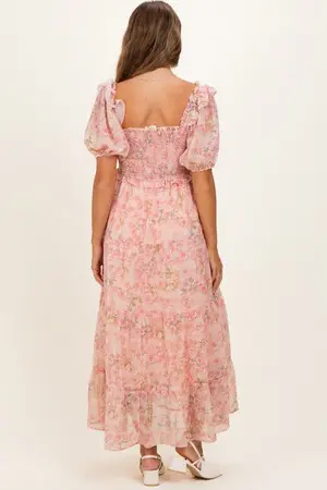 PINKBLUSH Floral Chiffon Smocked Puff Sleeve Maxi Dress
