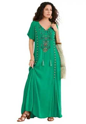Roaman's Flutter Sleeve Embroidered Maxi Dress Tropical Emerald
