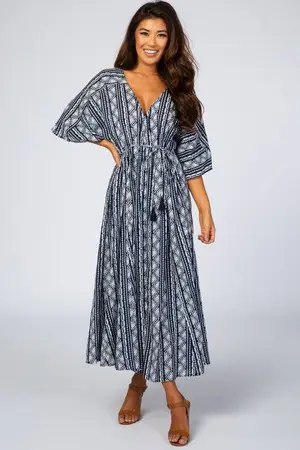 PINKBLUSH Printed V-neck Maternity Midi Dress - Navy Blue