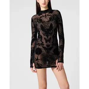 Philipp Plein Long Sleeve Mini Dress Flock Butterfly Tattoo - Black