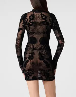 Philipp Plein Long Sleeve Mini Dress With Flocked Butterfly Tattoo Detail