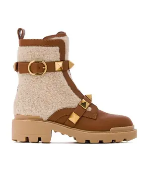 Valentino Garavani Roman Stud 55mm Shearling Ankle Boots - Nude