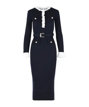SELF-PORTRAIT Floral Appliqué Belted Midi Dress - Navy