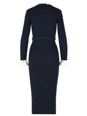 SELF-PORTRAIT Floral Appliqué Belted Midi Dress - Navy