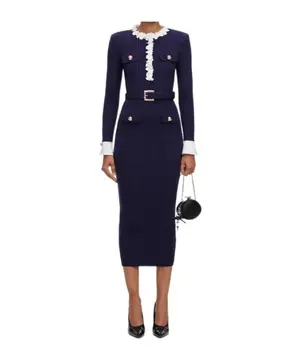 SELF-PORTRAIT Floral Appliqué Belted Midi Dress - Navy