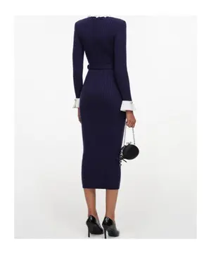 SELF-PORTRAIT Floral Appliqué Belted Midi Dress - Navy