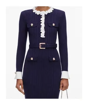 SELF-PORTRAIT Floral Appliqué Belted Midi Dress - Navy