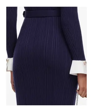 SELF-PORTRAIT Floral Appliqué Belted Midi Dress - Navy