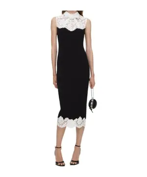 SELF-PORTRAIT Contrast Lace Bodice Midi Dress - Black