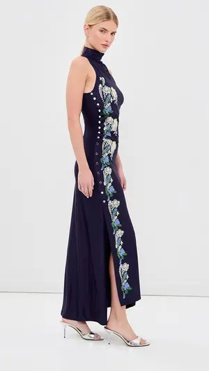 Rabanne Embroidered Draped Jersey Long Dress