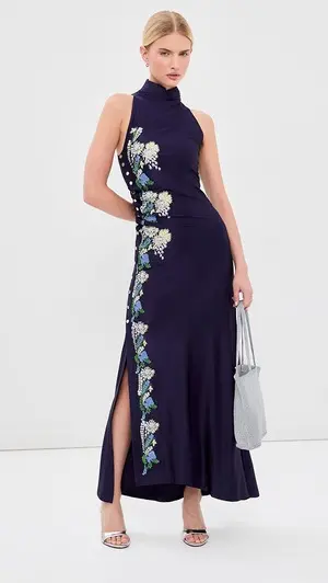 Rabanne Embroidered Draped Jersey Long Dress