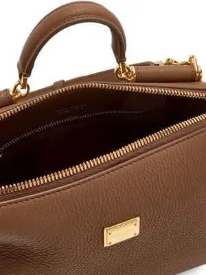 Dolce & Gabbana Vittoria Leather Tote Bag With Logo Plaque - Brown