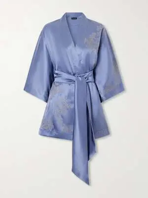 Carine Gilson Lace-embroidered Silk-satin Robe - Blue