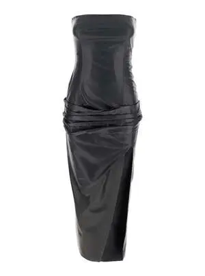 Attico Black Sleeveless Off-shoulder Midi Dress With Front Single Slit And Ruched Waist In Leather - Multicolor