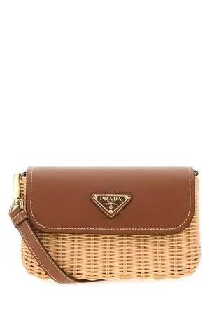 Prada Two-tone Wicker And Leather Crossbody Bag - Brown
