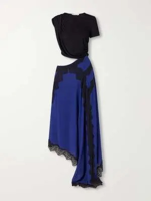 Christopher Esber Verve Asymmetric Lace-trimmed Silk-georgette And Ribbed Jersey Dress - Multi