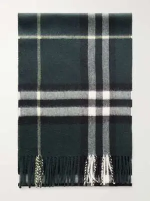Burberry Fringed Checked Cashmere Scarf - Green