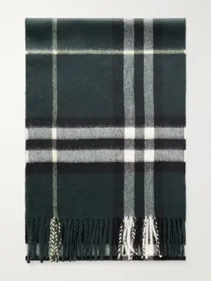 Burberry Fringed Checked Cashmere Scarf - Green