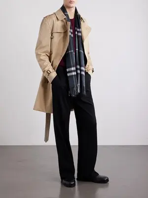 Burberry Fringed Checked Cashmere Scarf - Green
